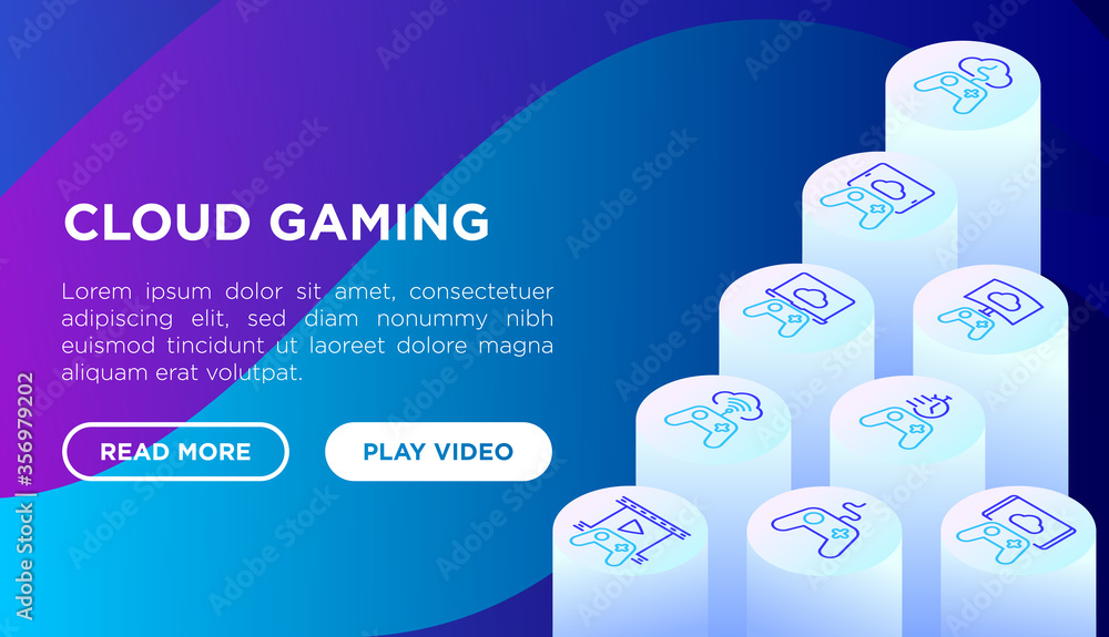 Cloud gaming web page template with thin line isometric icons: play on ...