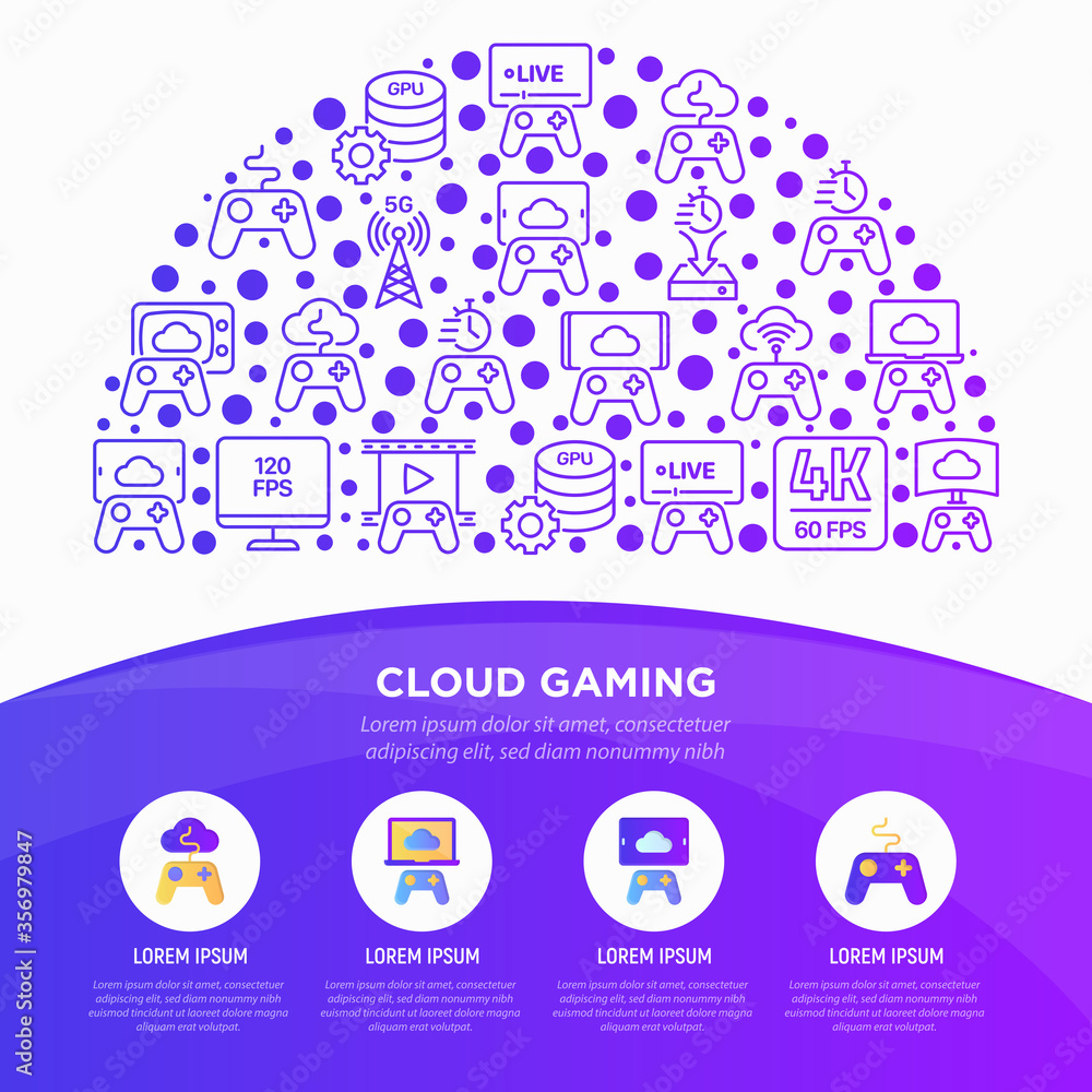 Cloud gaming concept in half circle with thin line icons: play on ...