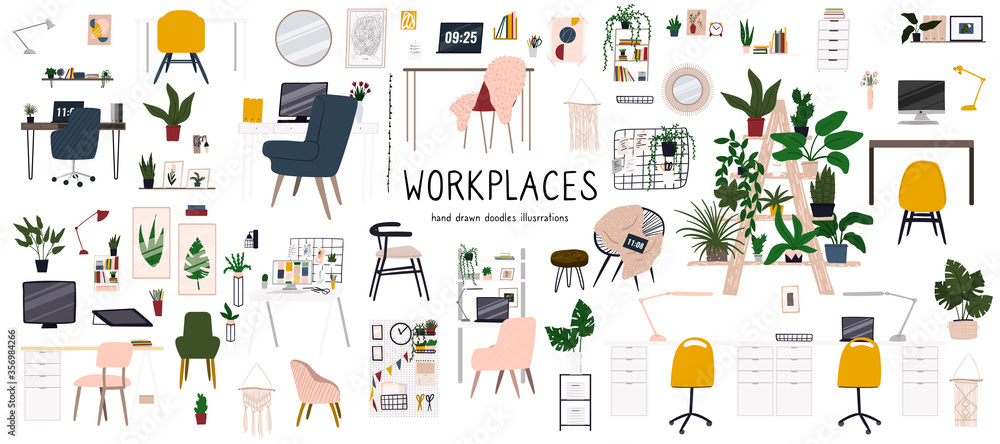 Workplace hand drawn doodle and flat style illustrations. Home office ...