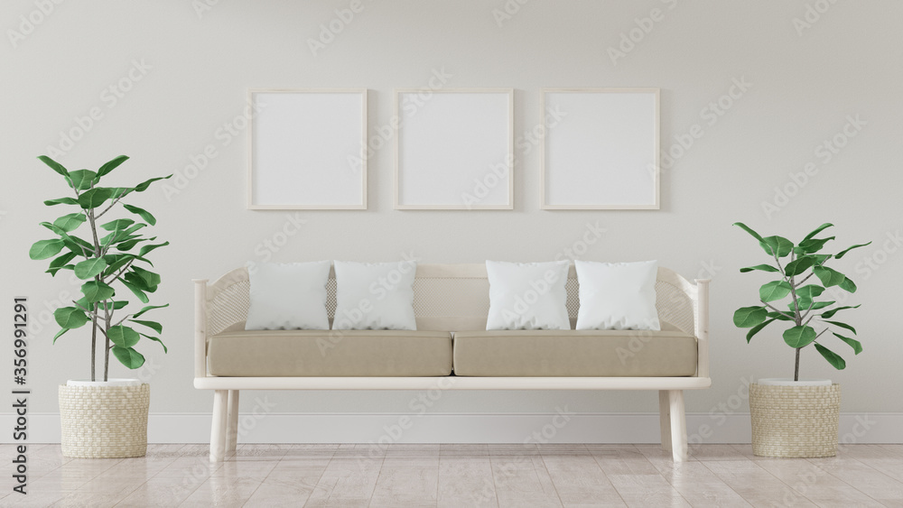 Square poster mockup with Three frames on empty white wall in living ...