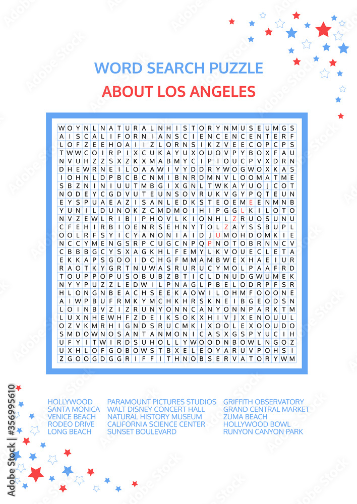 Word search puzzle. Game about Los Angeles. Worksheet for adults ...