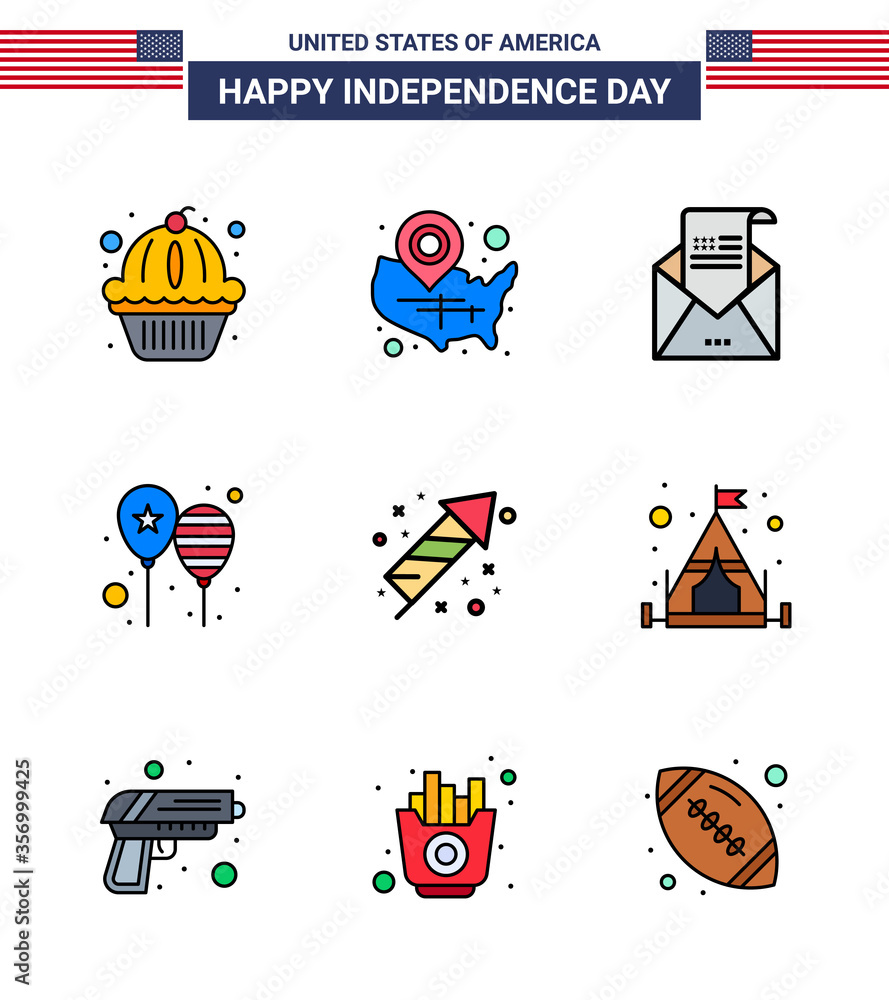9 USA Flat Filled Line Signs Independence Day Celebration Symbols of ...