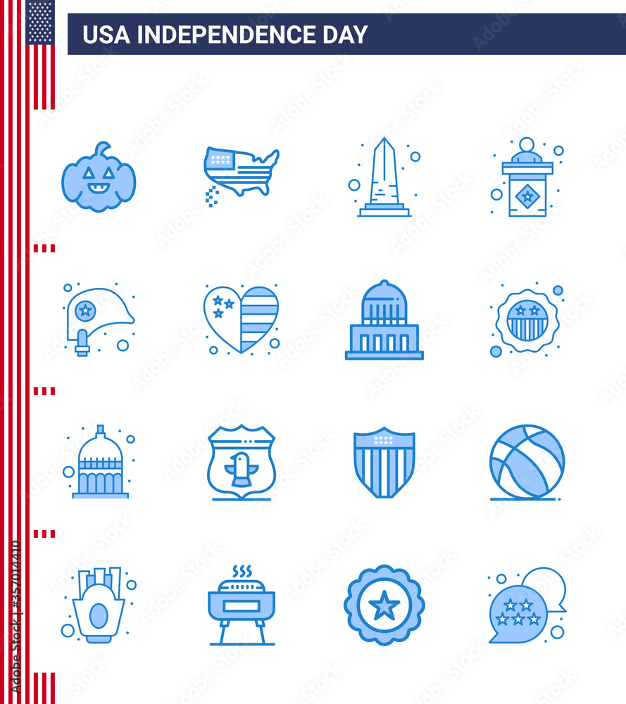 16 USA Blue Pack of Independence Day Signs and Symbols of helmet; sign ...