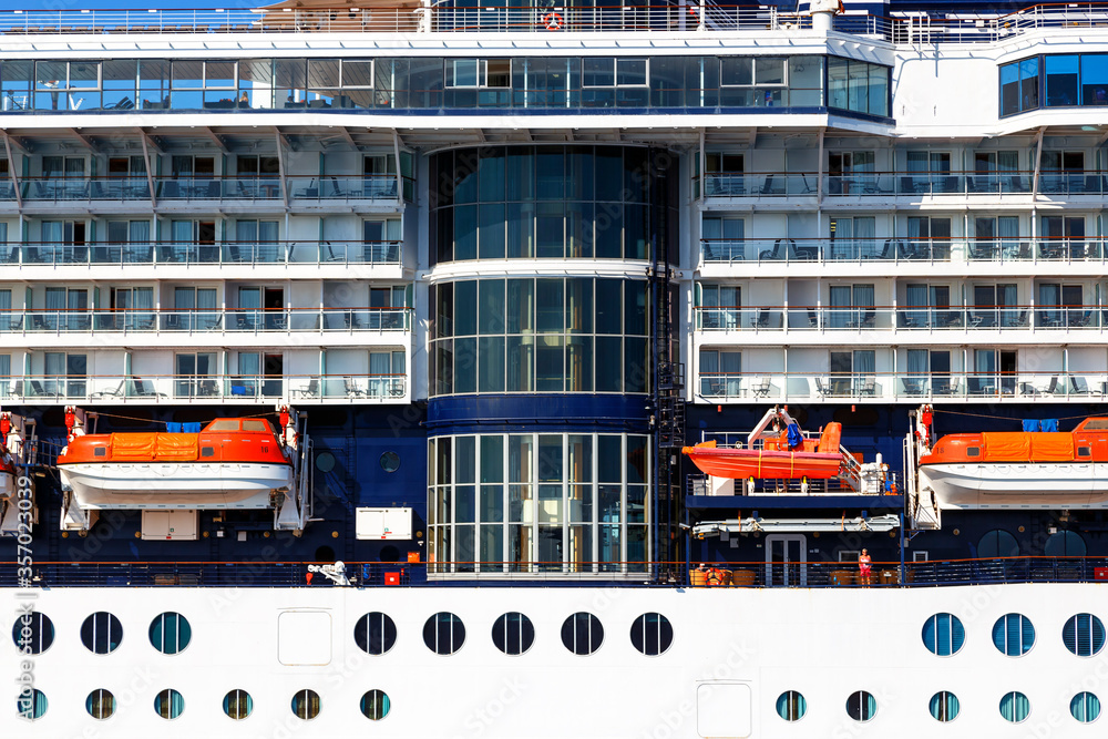 cruise ship side view close-up, elevators, cabins, balconies, building ...