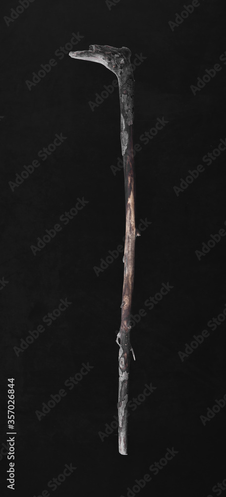 ancient shepherd wooden stick isolated on black background Stock Photo ...