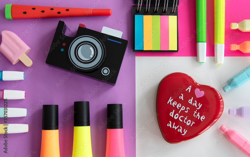 Flat lay stylish set. School stationery. Back to school concept. Top ...