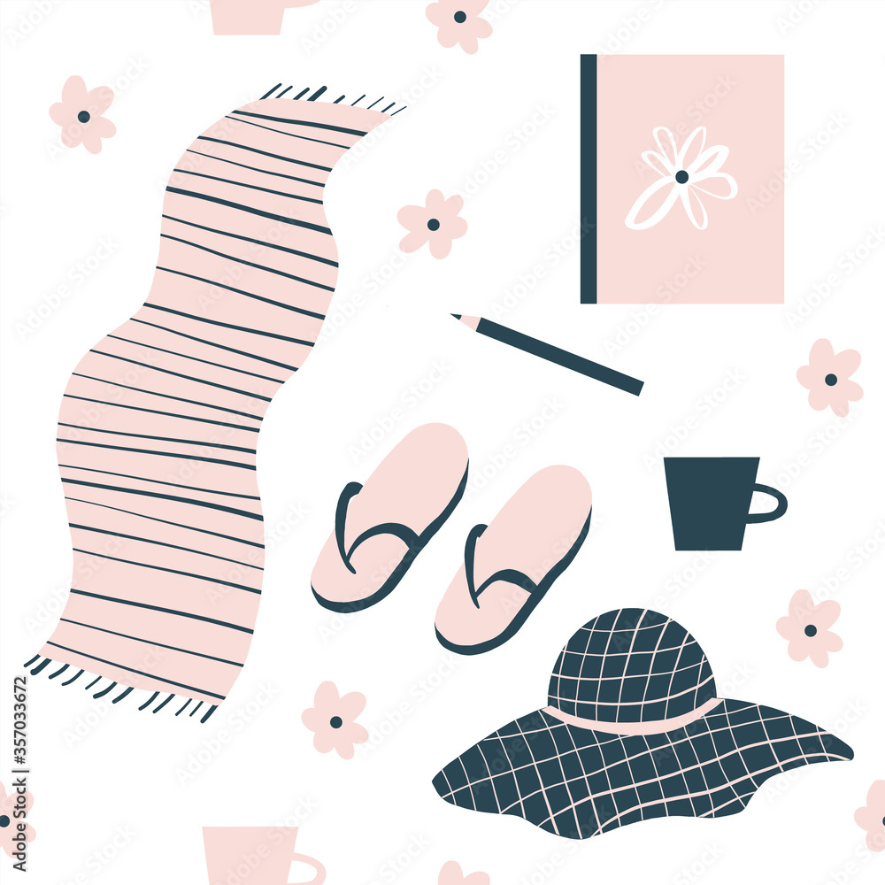 seamless cute pink and navy blue beach pattern with hat, flip flops ...