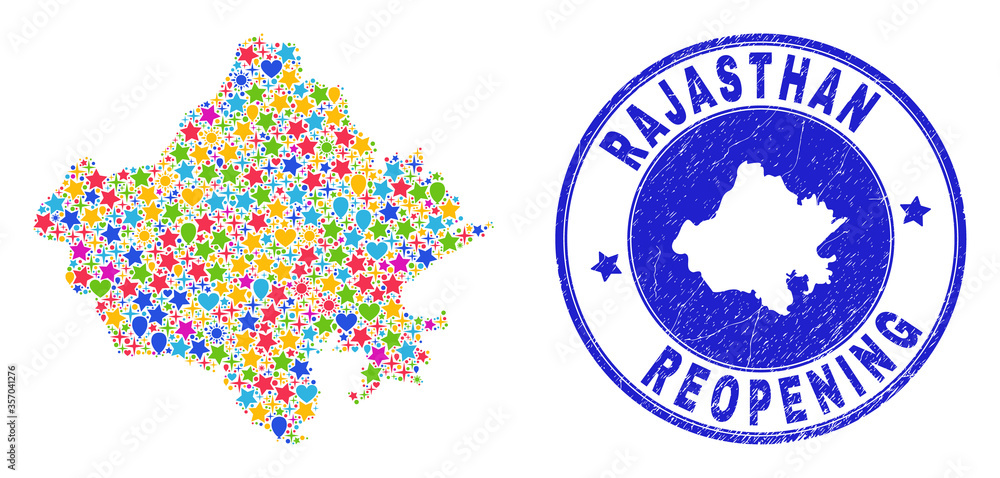 Vetor de Celebrating Rajasthan State map mosaic and reopening corroded ...