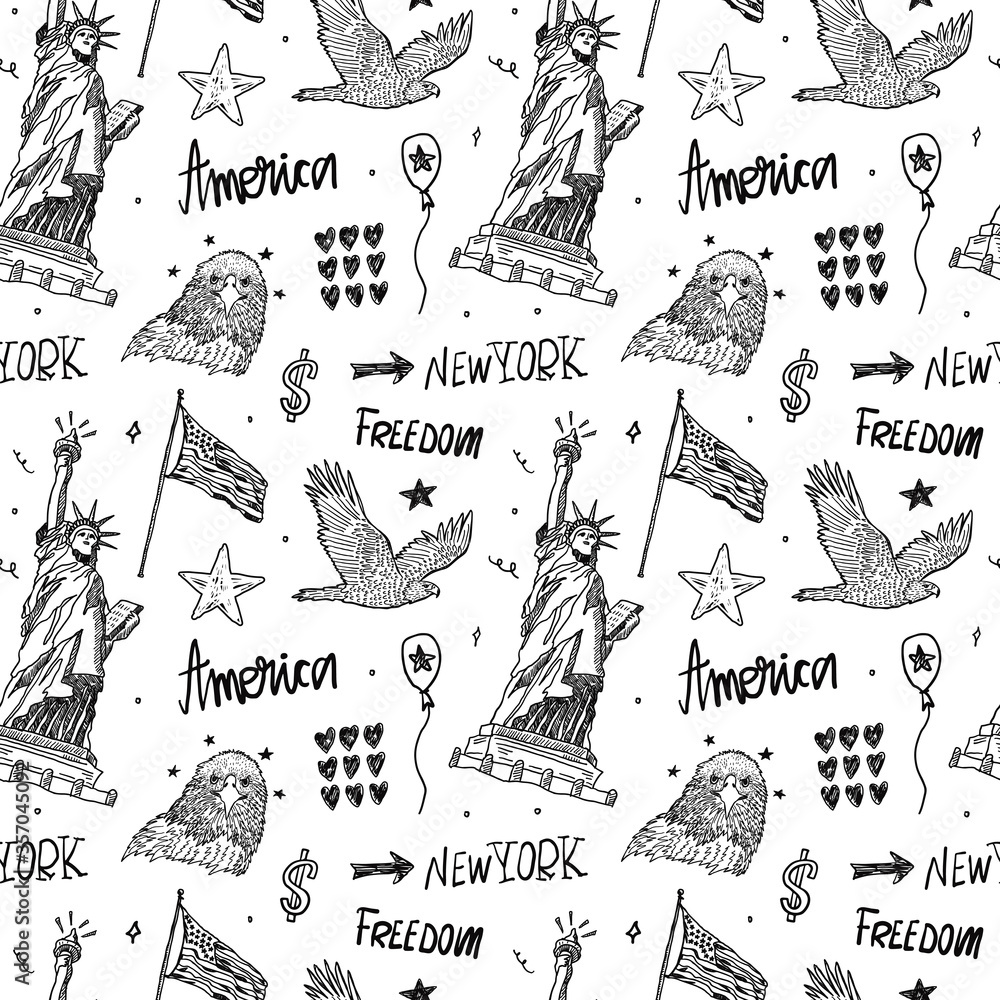 Hand-drawing seamless pattern with Statue of Liberty, eagle, American ...