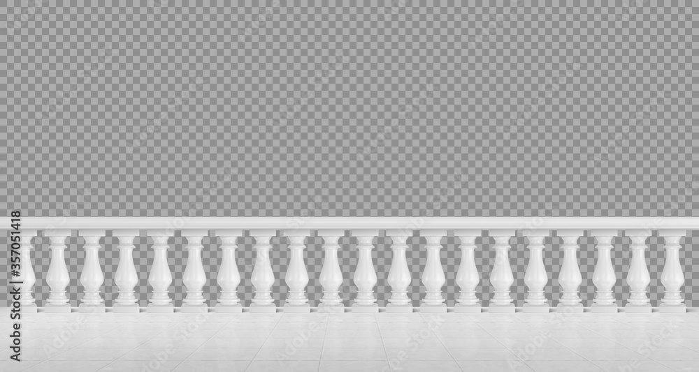 White marble balustrade on balcony, porch or terrace with tiled floor ...