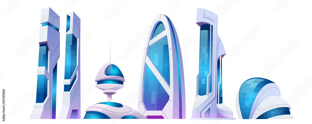 Future city, futuristic buildings with glass facade and unusual shapes ...