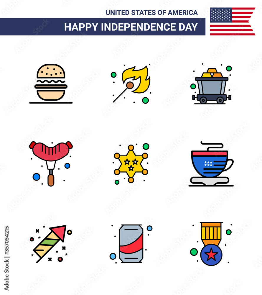 9 USA Flat Filled Line Pack of Independence Day Signs and Symbols of ...