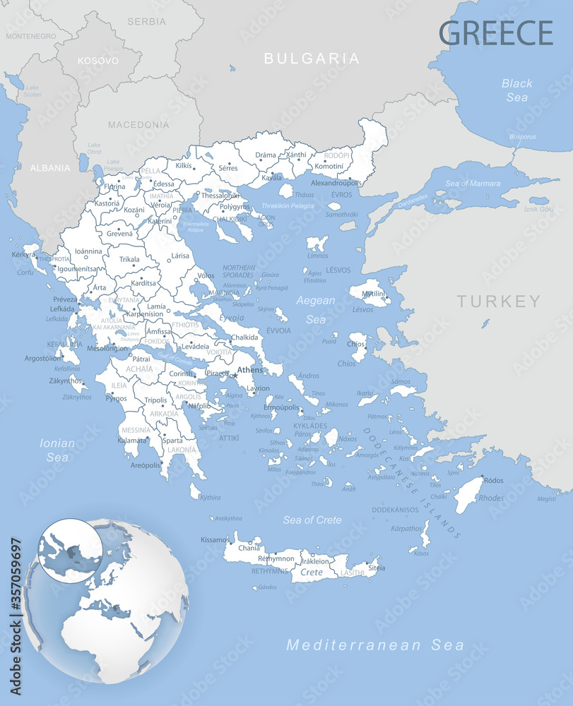 Blue-gray detailed map of Greece administrative divisions and location ...