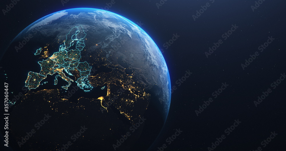 Planet Earth from Space European Union Countries highlighted teal glow ...