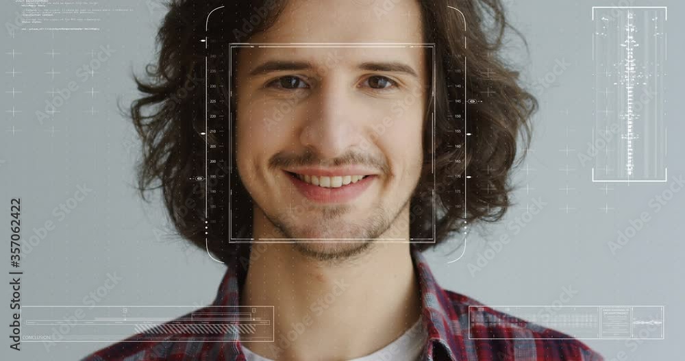 Close up of young guy with identification of biometric. Facial ...