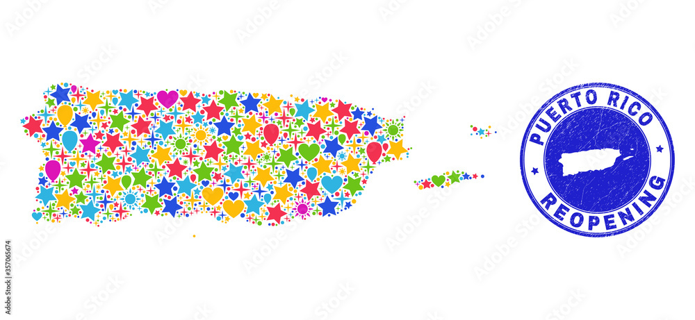 Celebrating Puerto Rico map collage and reopening rubber stamp. Vector ...