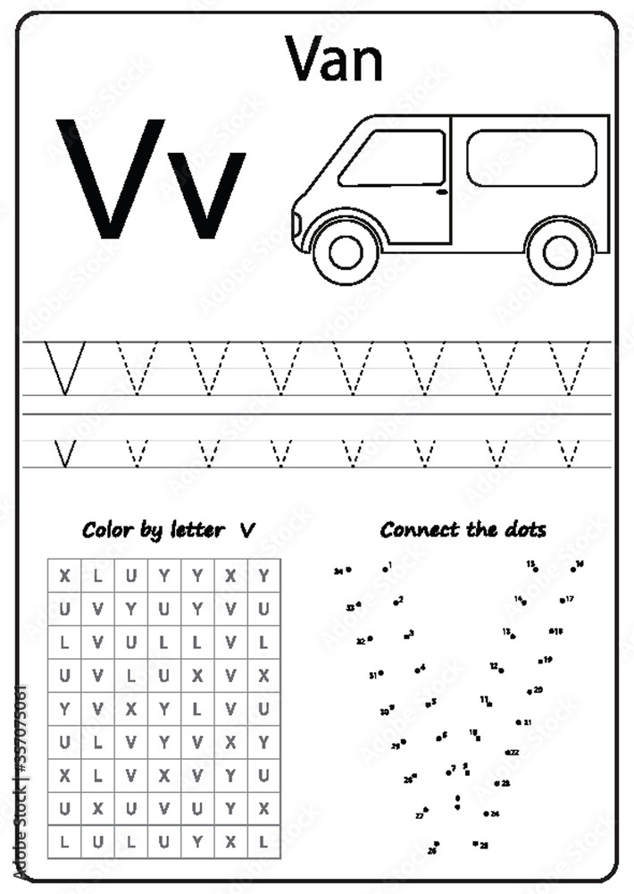 Writing A-Z, alphabet, exercises game for kids. Writing letter V Stock ...