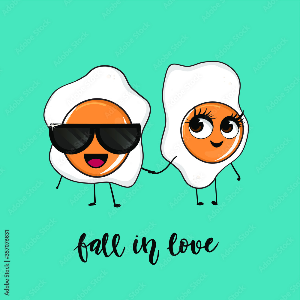 Two Cute In Love Fried Eggs Characters Holding For Hands Calligraphy