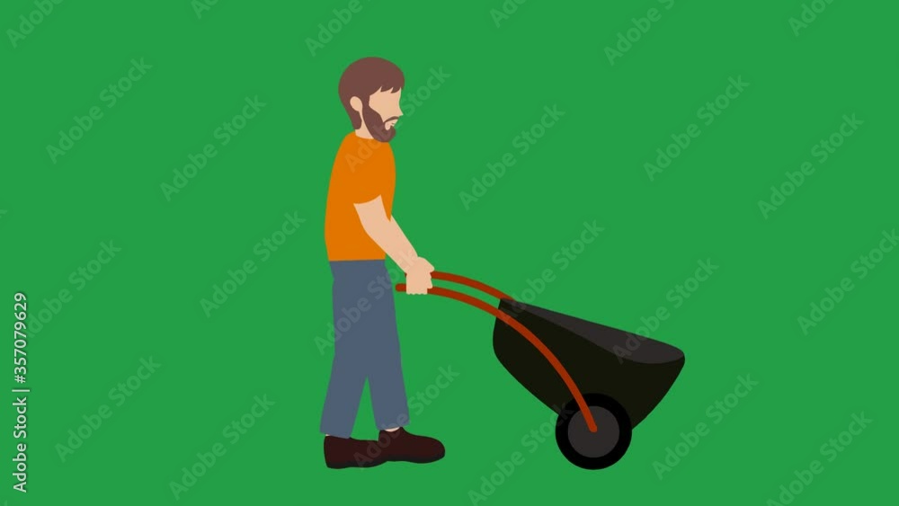 Flat cartoon character handyman comes with a wheelbarrow. Bearded ...