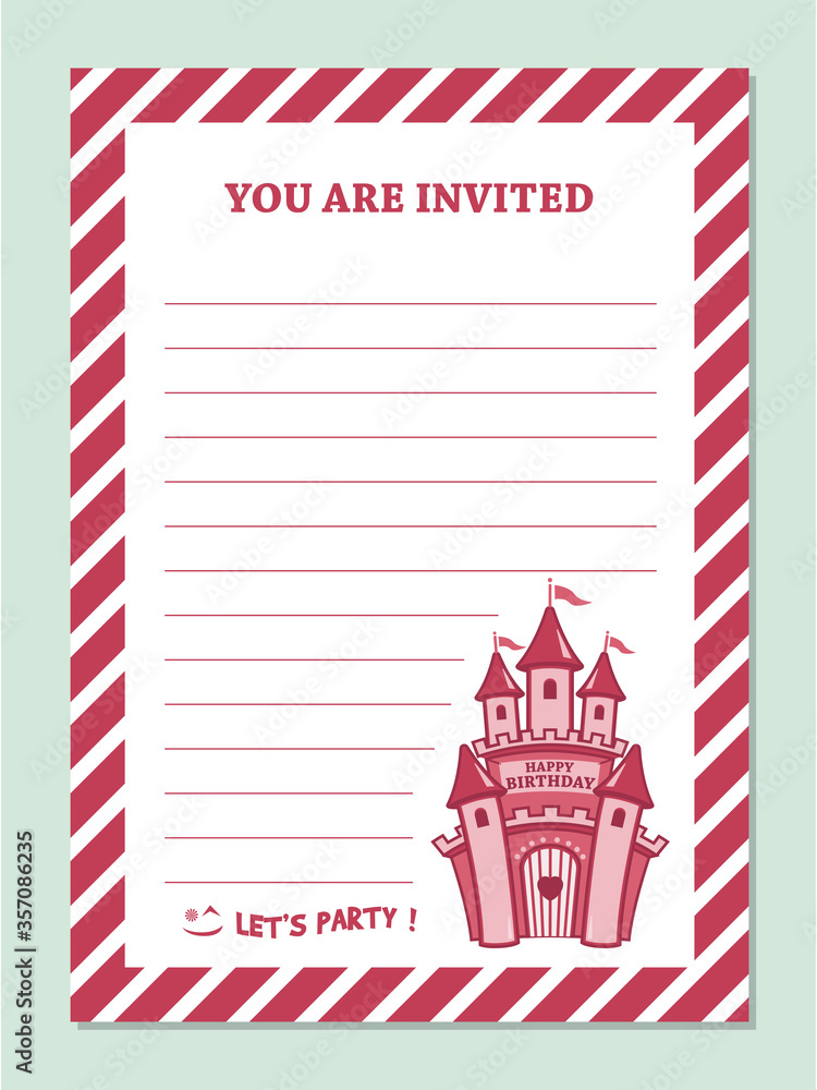 Princess Birthday Party Invitation Card Template With Stripped Border ...