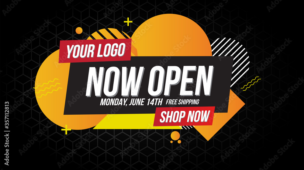 Now open shop or new store red and orange color sign on black ...