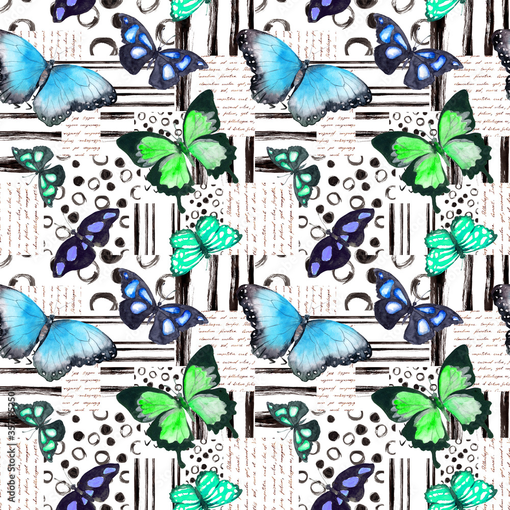 Butterflies and black ink lines watercolor hand drawn repeated pattern ...