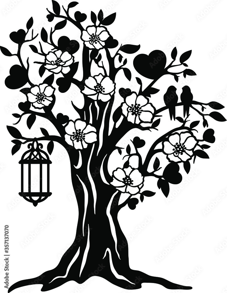 Laser cut template. Tree of love with heart, a couple bird and birdcage ...
