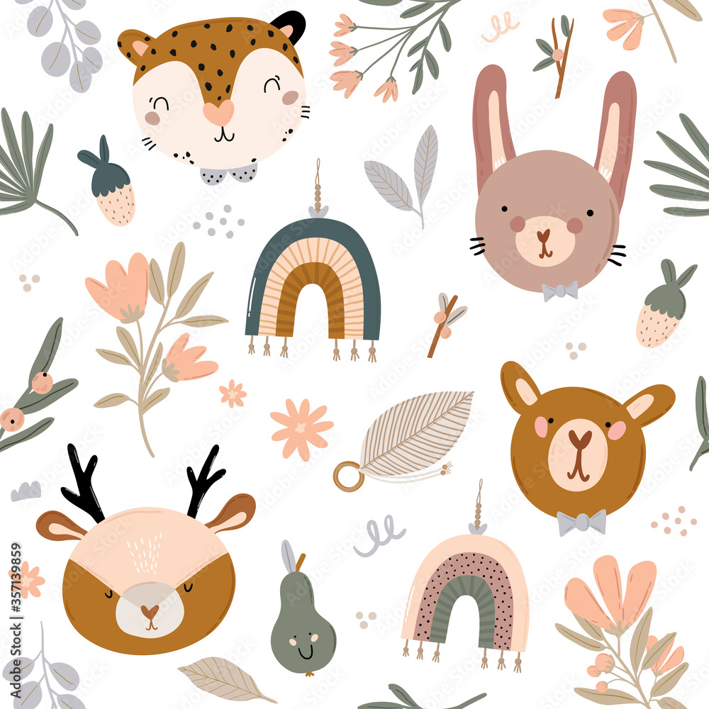Cute kids scandinavian seamless pattern with funny animals, kids mobile ...