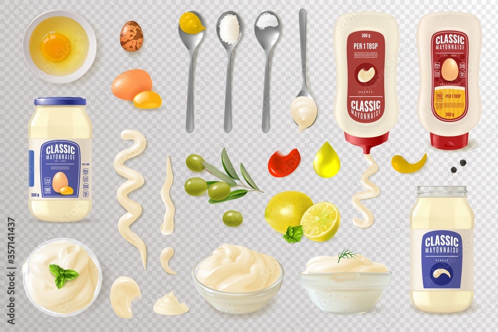 Realistic mayonnaise transparent background set Stock Vector | Adobe Stock