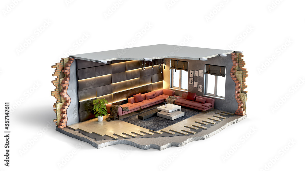 Cross section of cozy modern living room, 3d illustration Stock ...