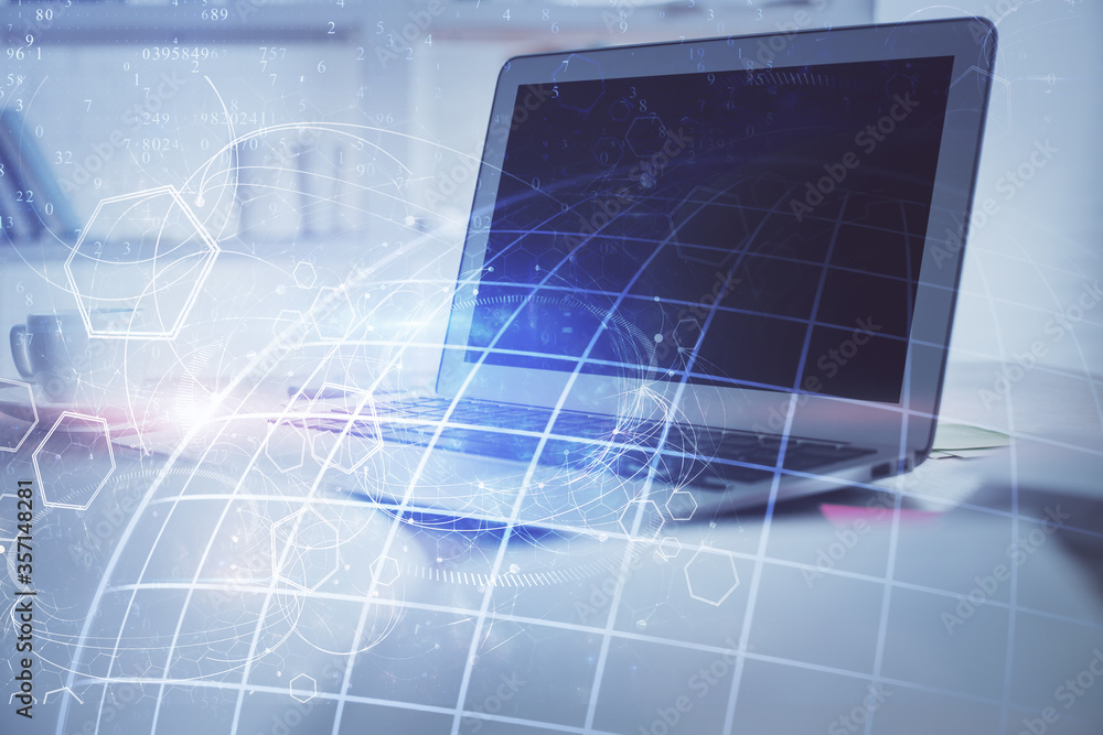 Multi exposure of table with computer and world map hologram ...