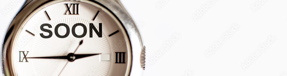 SOON Work text.Business times concept people walking overlay with time ...