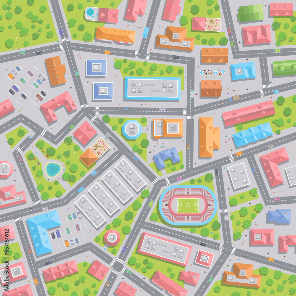 Vector illustration. City view from above. Cityscape top view. Streets ...