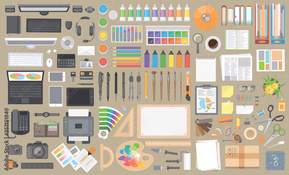Vector set. Objects for business and art on a office desk. Top view ...