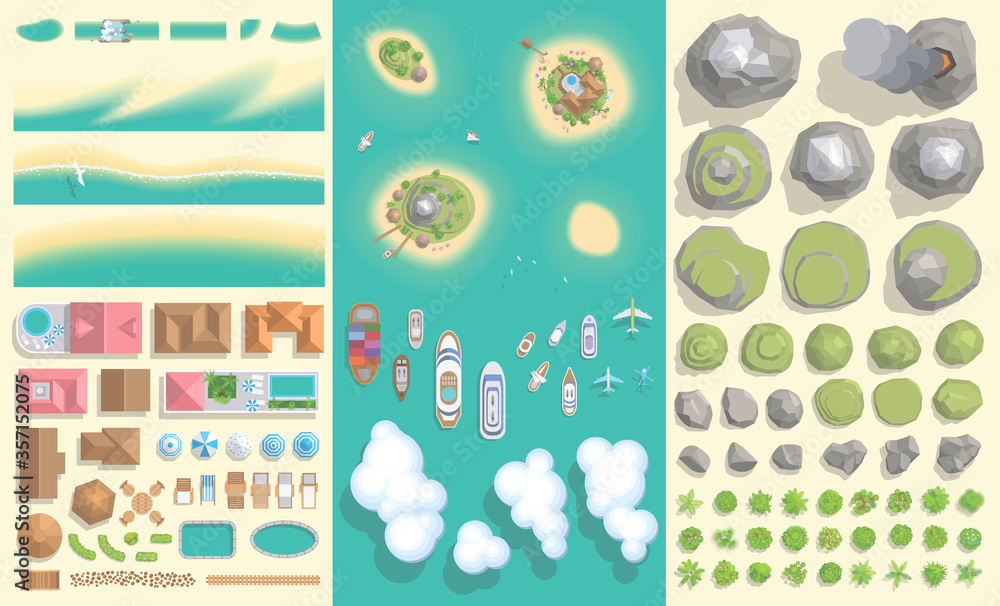 Set of landscape elements. Summer vacation. Tropical islands. (top view ...