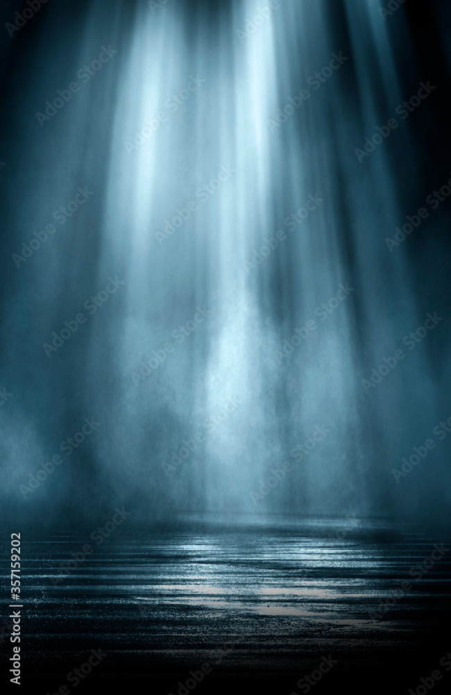 Dark dramatic abstract scene background. Neon glow reflected on the ...
