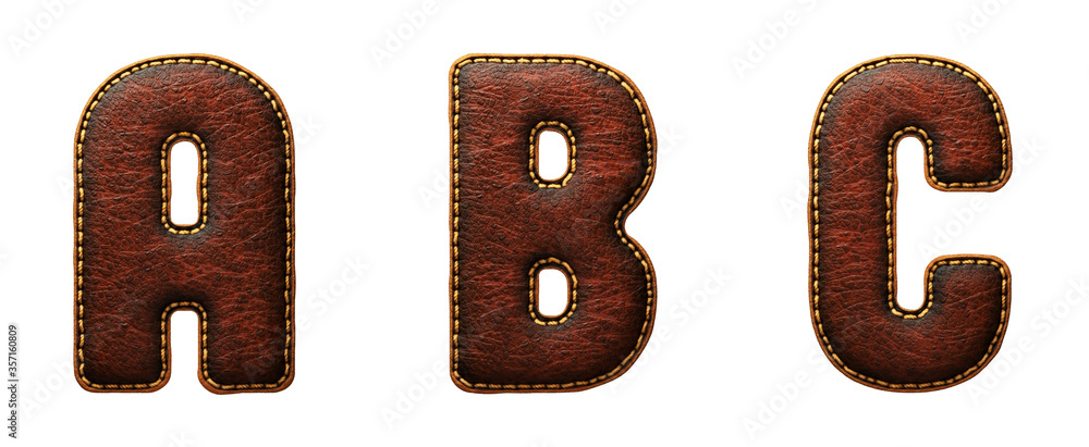 Set of leather letters A, B, C uppercase. 3D render font with skin ...