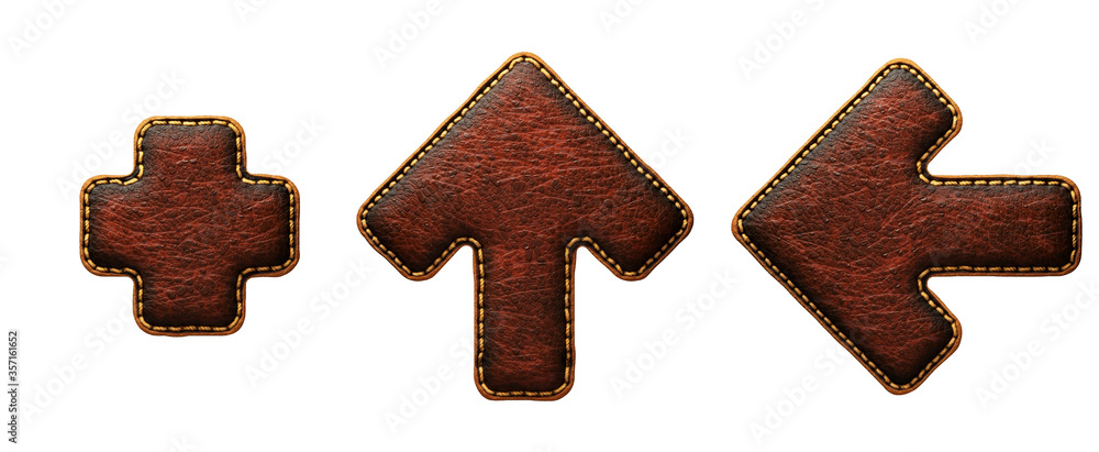 Set of symbols plus,up arrow and right arrow made of leather. 3D render ...