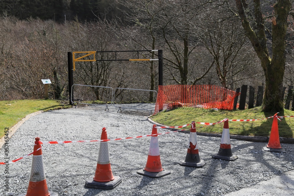 The closed (due to Covid-19) entrance to a picnic ground on the Dulas ...