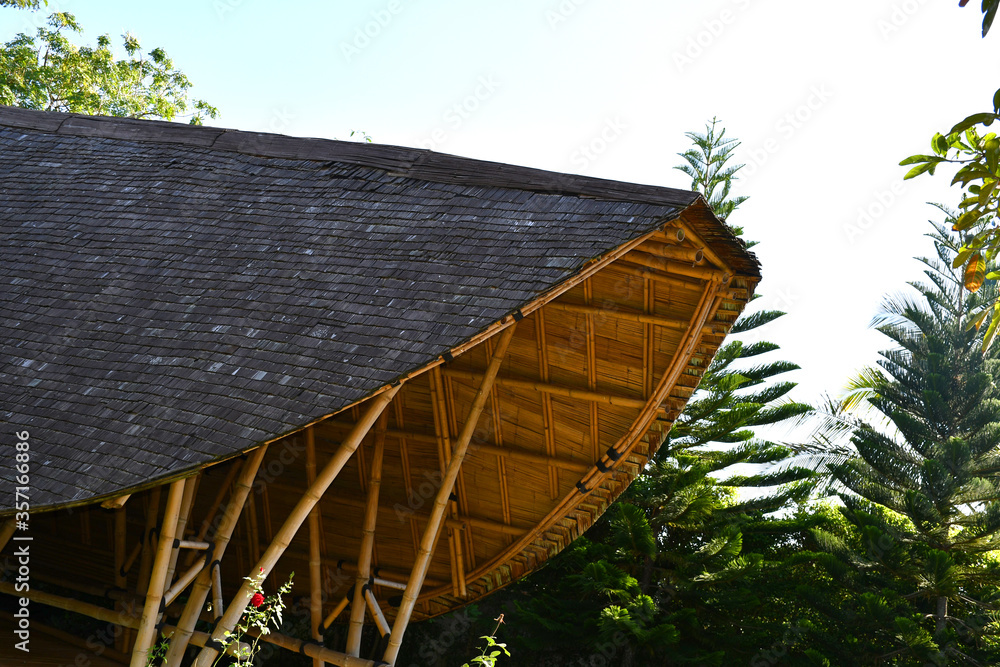 Natural bamboo structure and roof of public hall, Line and curve of ...