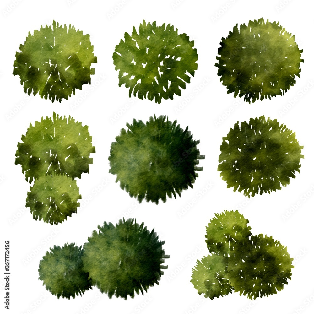 Set of watercolor tree top view for landscape plan and architecture ...
