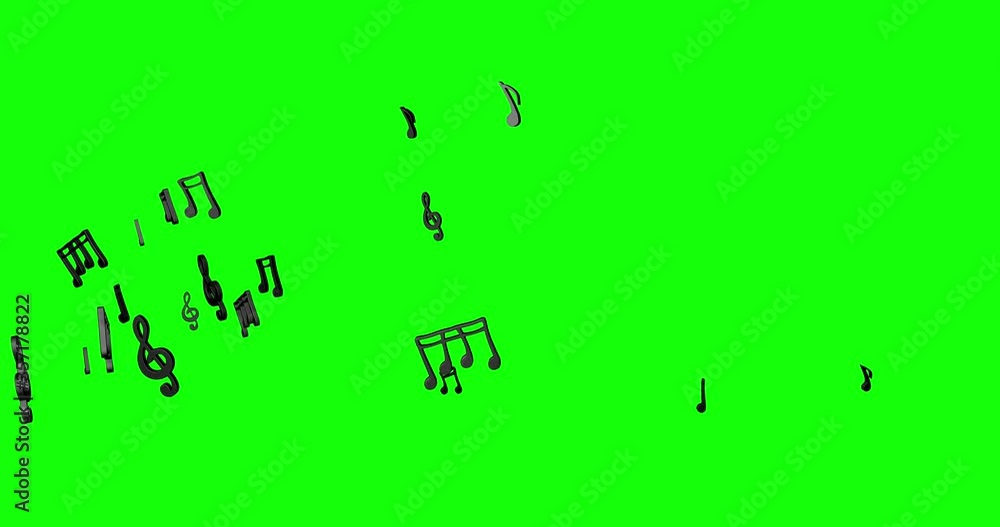 black music notes flying and flowing on green screen. Musical melody ...