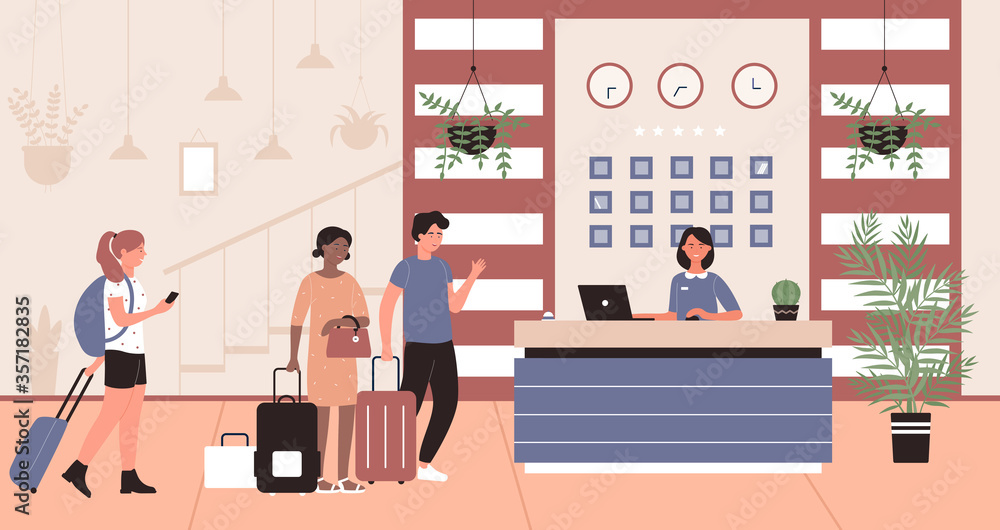 People in hotel reception vector illustration. Cartoon flat happy ...