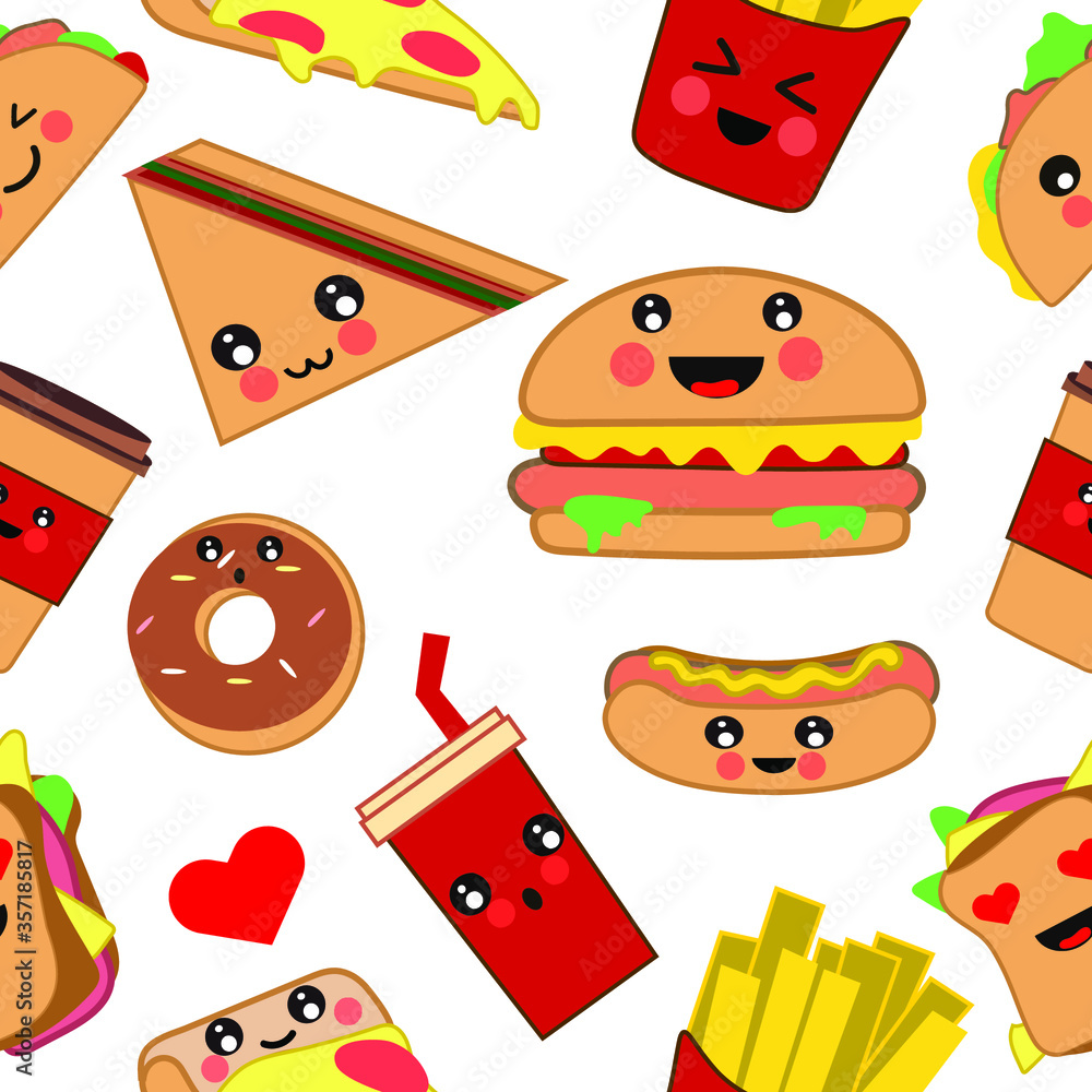 Seamless pattern. Cute kawaii food. Transparent background. Vector hand ...