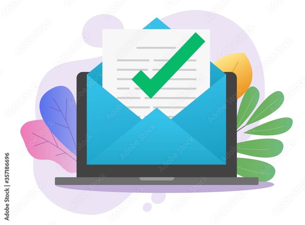 Approved email message notice check mark in document online on laptop ...