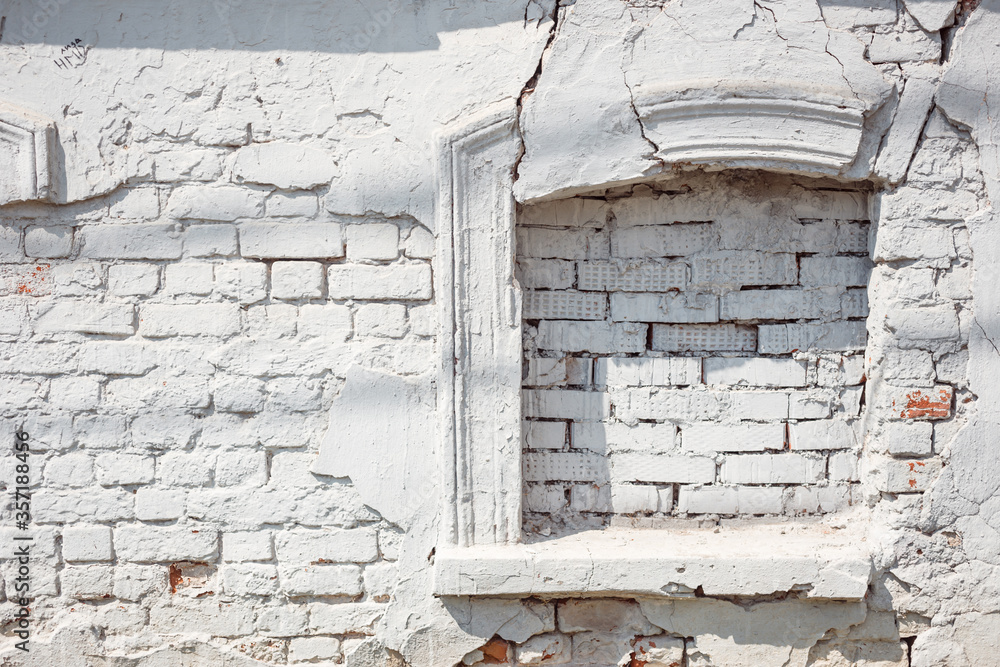 False window made of white brick, ancient wall, texture of old light ...