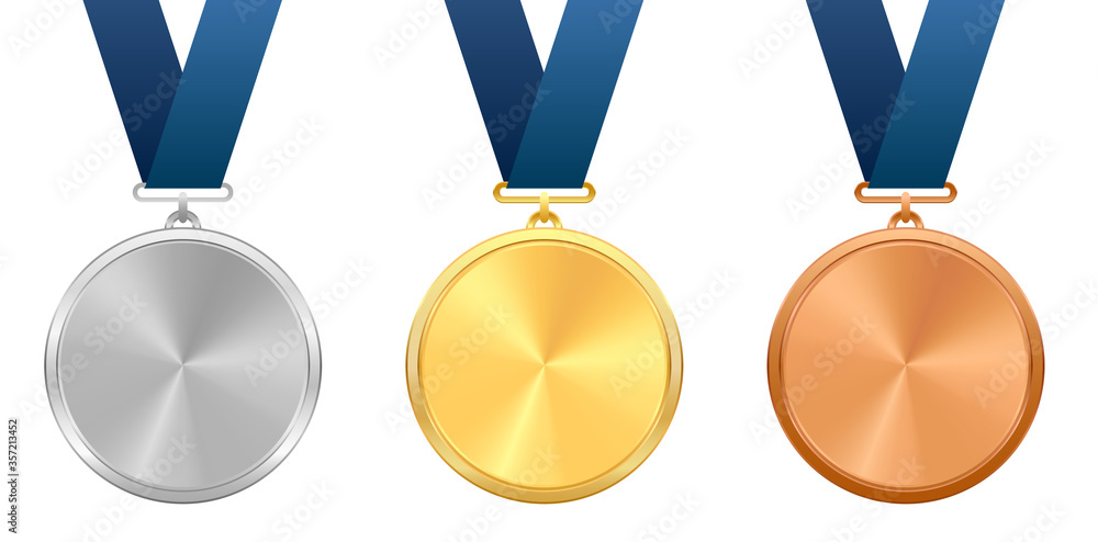 Award medals with blue ribbons.Vector illustration of honor medallion ...