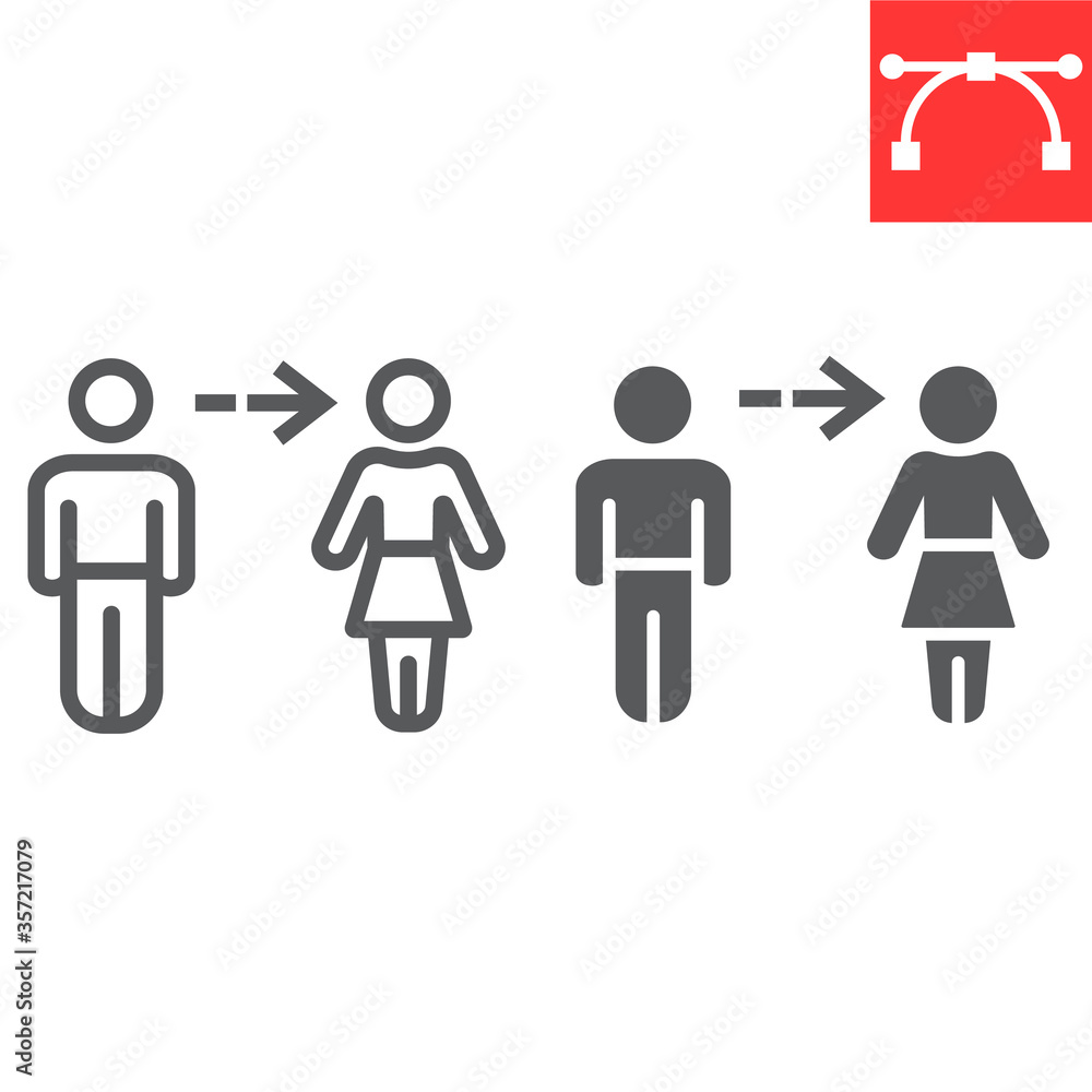 Gender transition line and glyph icon, lgbt and pride, gender change ...