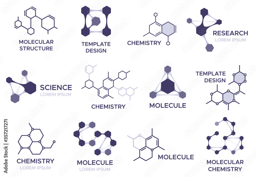 Molecule badge. Bio molecular hexagonal structure, macro molecules and ...