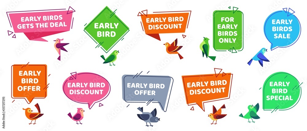 Early bird label. Sale offer badges, early birds gets deal sign and ...